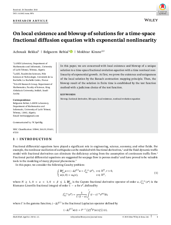 Pdf On Local Existence And Blowup Of Solutions For A Time Space Fractional Diffusion Equation