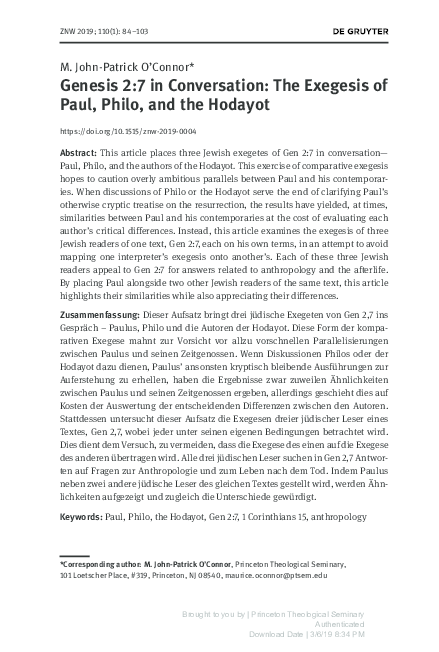 (PDF) "Genesis 2:7 in Conversation: The Exegesis of Paul, Philo, and ...