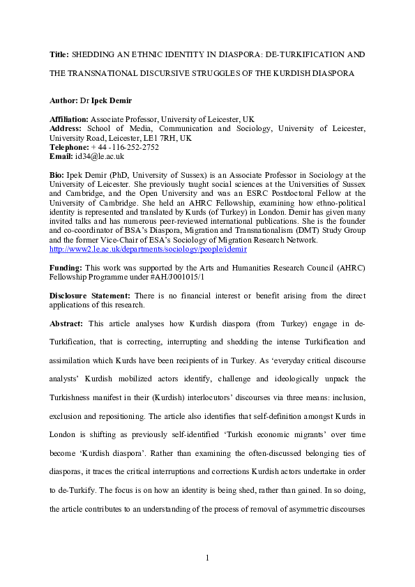 (PDF) SHEDDING AN ETHNIC IDENTITY IN DIASPORA: DE-TURKIFICATION AND THE ...
