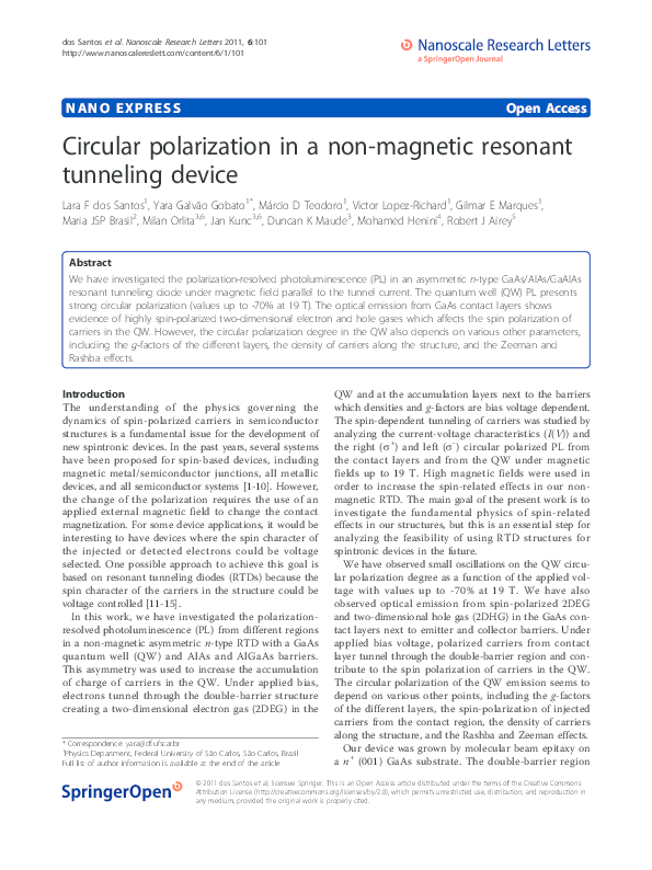 (PDF) Circular polarization in a non-magnetic resonant tunneling device