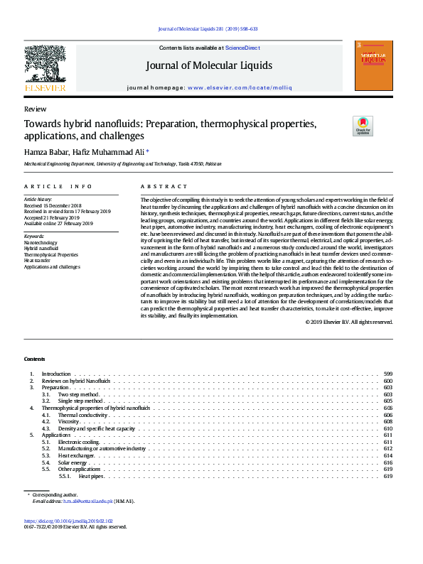 (PDF) Towards hybrid nanofluids: Preparation, thermophysical properties, applications, and ...
