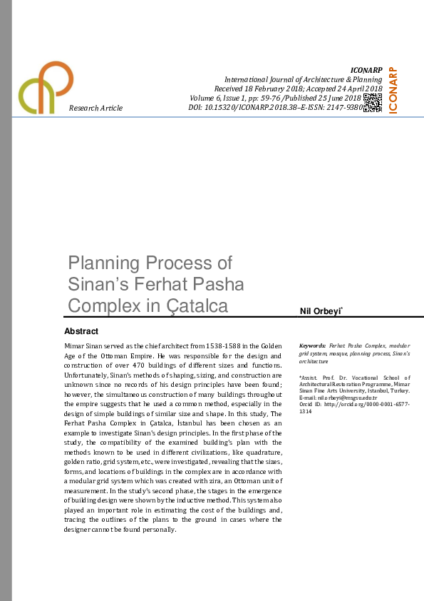 (PDF) Planning Process of Sinan’s Ferhat Pasha Complex in Çatalca