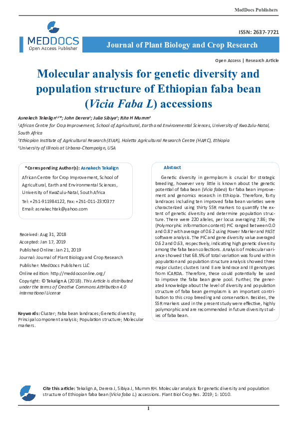 (PDF) Molecular analysis for genetic diversity and population structure of Ethiopian faba bean ...