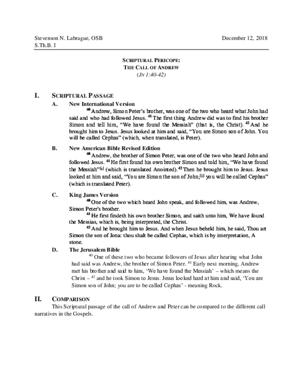 (PDF) Scriptural Pericope on the Call of Andrew