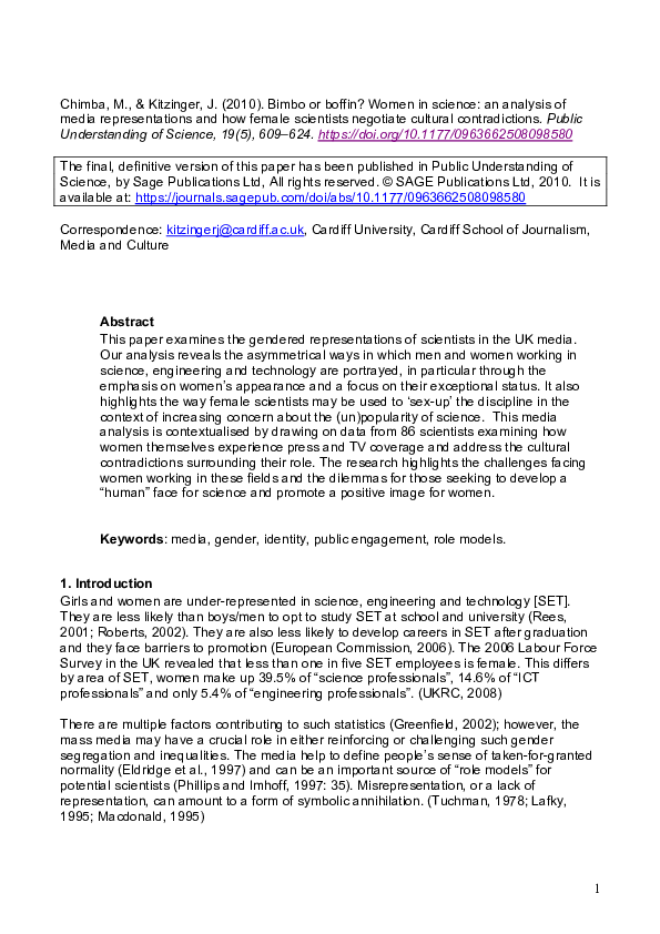 (PDF) Bimbo or boffin? Women in science: an analysis of media ...