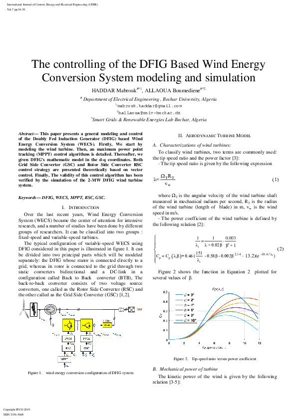 Pdf The Controlling Of The Dfig Based Wind Energy Conversion System Modeling And Simulation