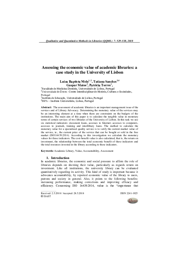 (PDF) Assessing the economic value of academic libraries: a case study ...