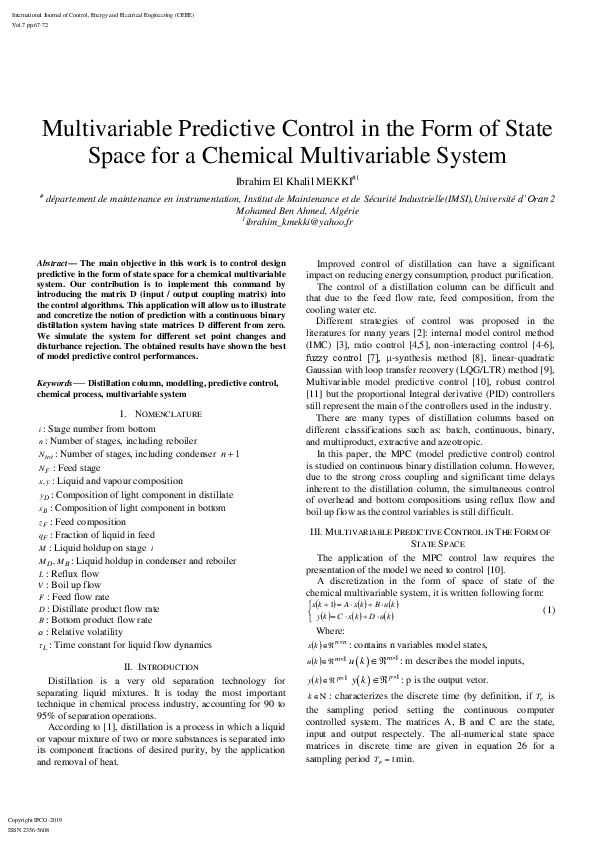 (PDF) Multivariable Predictive Control in the Form of State Space for a Chemical Multivariable ...