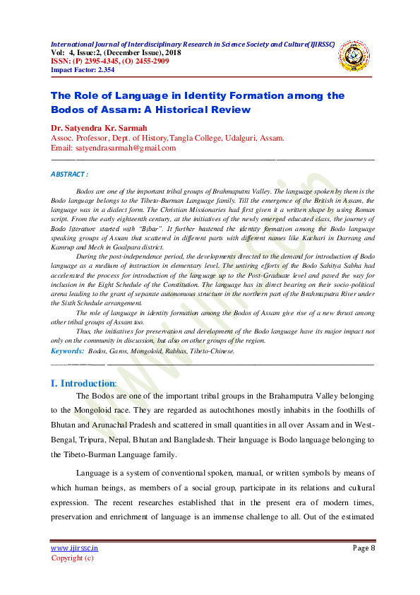 (PDF) The Role of Language in Identity Formation among the Bodos of ...