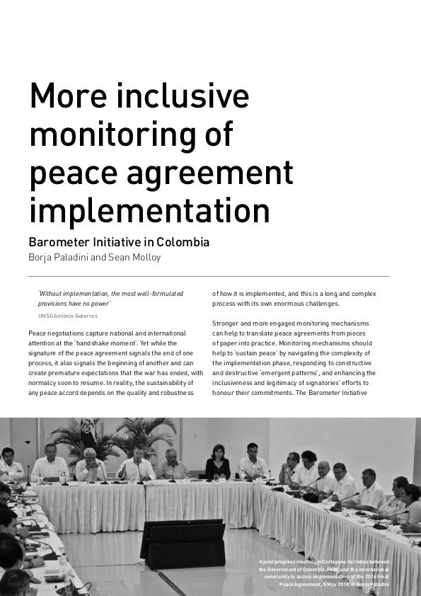 (PDF) More inclusive monitoring of peace agreement implementation. Barometer Initiative in Colombia