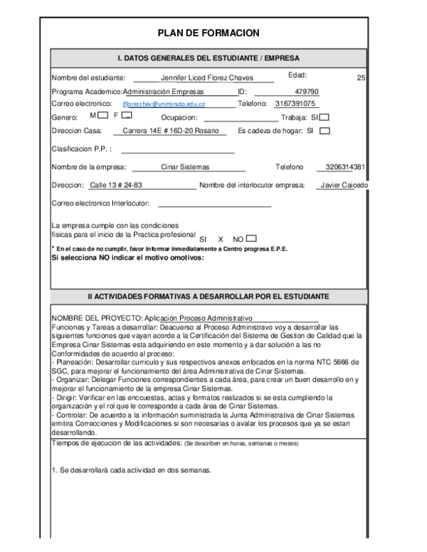 (PDF) Plan de formacion Practicas profesionales Cinar Sistemas Jennifer ...