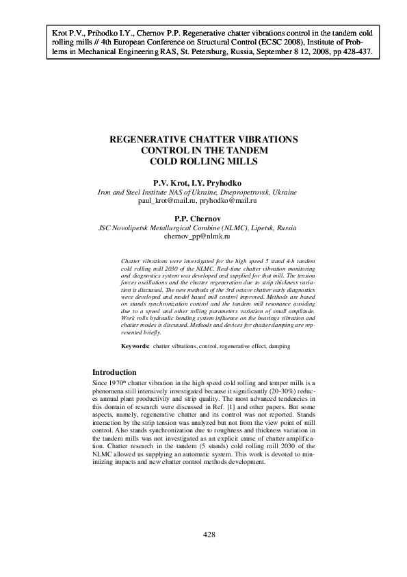 (PDF) Regenerative chatter vibrations control in the tandem cold rolling mills