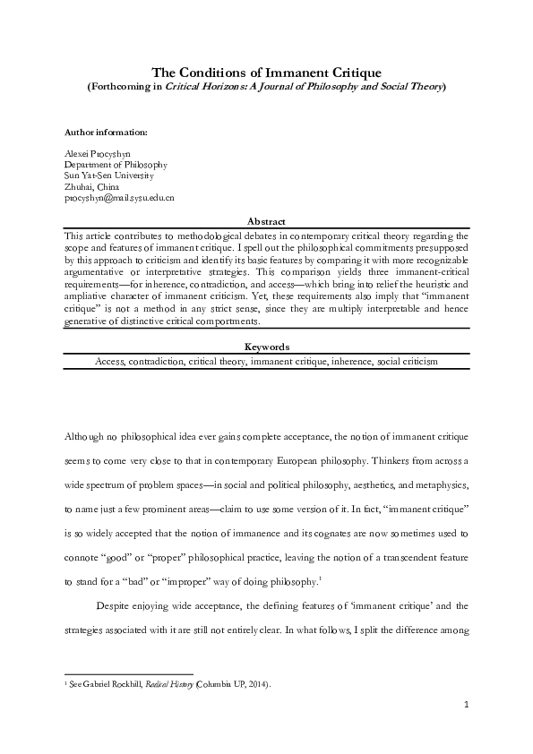 (PDF) The Conditions of Immanent Critique (Forthcoming in Critical ...