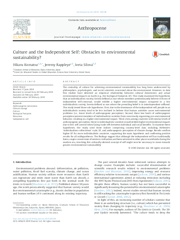 (PDF) Culture and the Independent Self: Obstacles to environmental ...