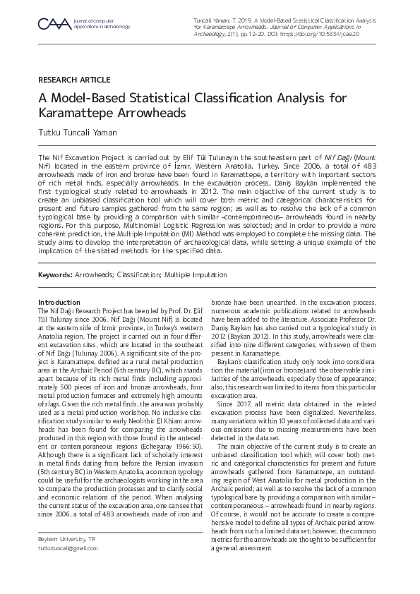 (PDF) A Model-Based Statistical Classification Analysis for Karamattepe ...