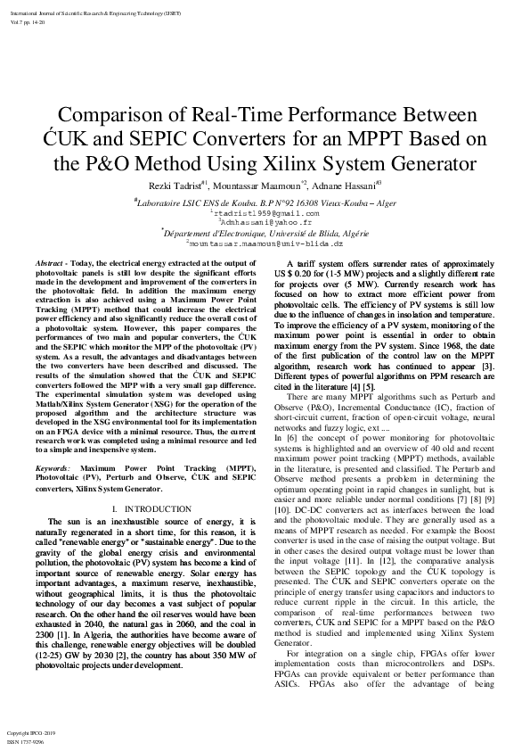 (PDF) Comparison of Real-Time Performance Between ĆUK and SEPIC Converters for an MPPT Based on ...