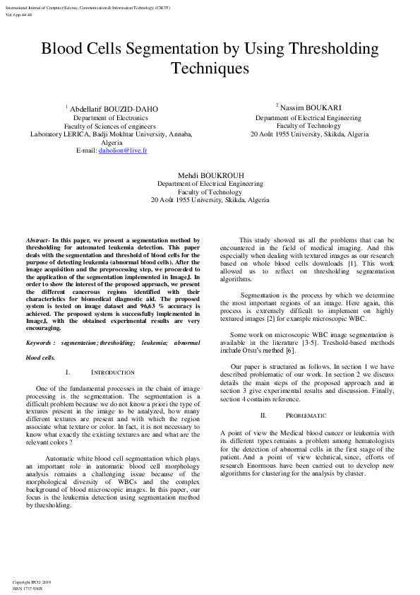 (PDF) Blood Cells Segmentation by Using Thresholding Techniques