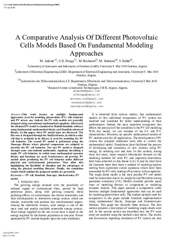(PDF) A Comparative Analysis Of Different Photovoltaic Cells Models Based On Fundamental ...