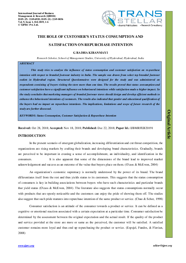 (PDF) THE ROLE OF CUSTOMER'S STATUS CONSUMPTION AND SATISFACTION ON ...