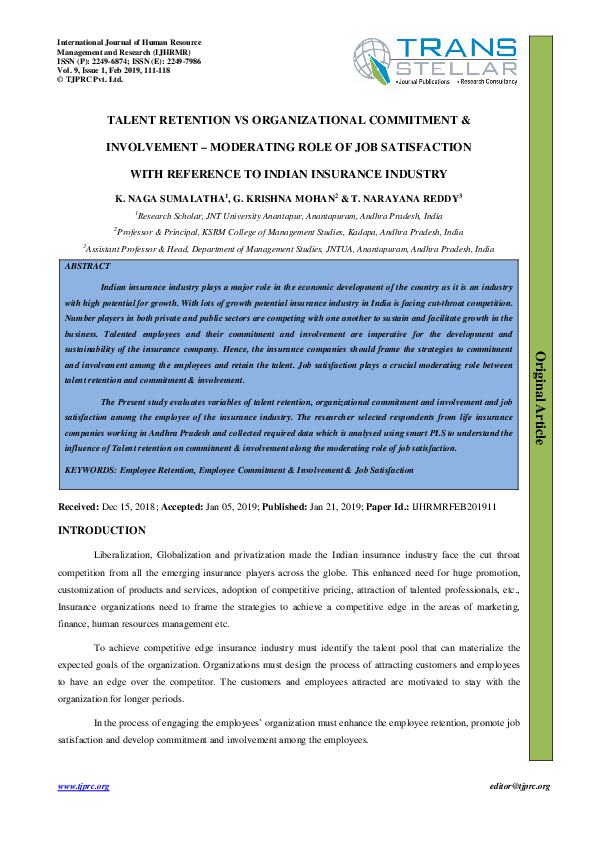 (PDF) TALENT RETENTION VS ORGANIZATIONAL COMMITMENT & INVOLVEMENT ...