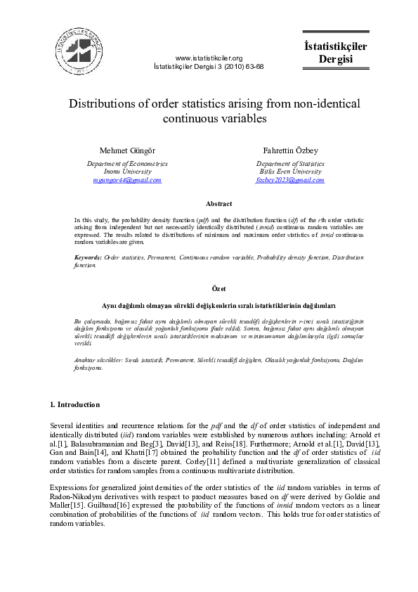 (PDF) Distributions of order statistics arising from non-identical continuous variables
