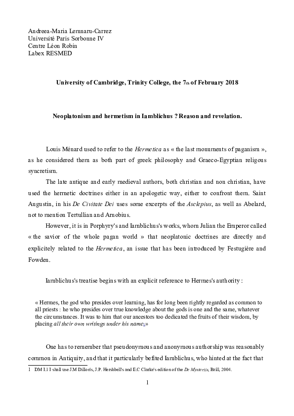 (PDF) "Neoplatonism and hermeticism in Iamblichus ?" Trinity College ...