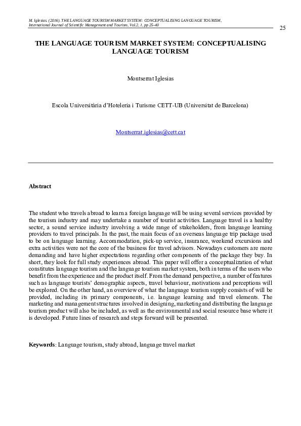 (PDF) The Language Tourism Market System: Conceptualising Language Tourism