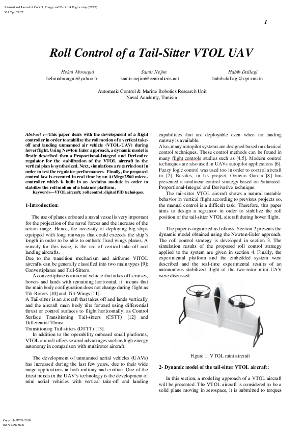(PDF) Roll Control of a Tail-Sitter VTOL UAV