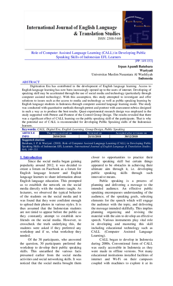 Pdf Role Of Computer Assisted Language Learning Call In Developing Public Speaking Skills Of