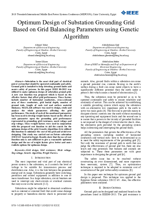 Pdf Optimum Design Of Substation Grounding Grid Based On Grid Balancing Parameters Using