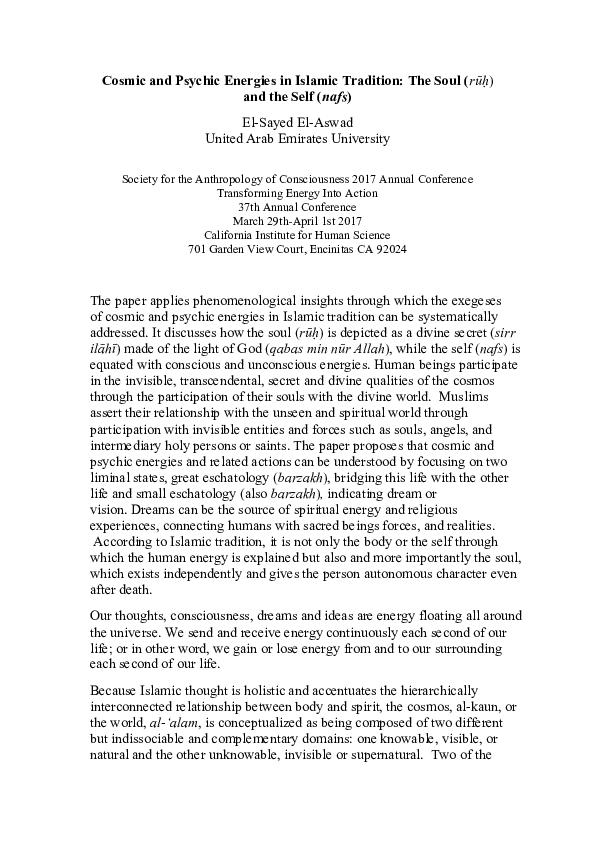 (PDF) Cosmic and Psychic Energies in Islamic Tradition: The Soul (rūḥ ...