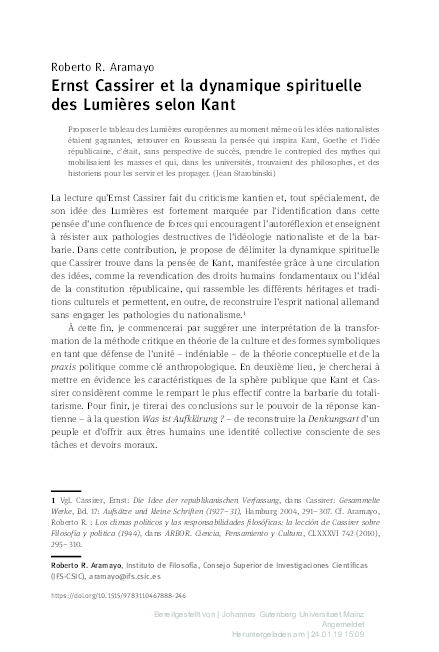 (PDF) Ernst Cassirer et la dynamique spirituelle des Lumières selon Kant