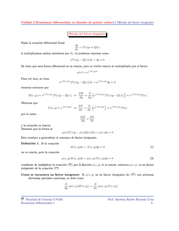 (PDF) Unidad 3 Ecuaciones diferenciales no lineales de primer orden3.1 Método del factor ...