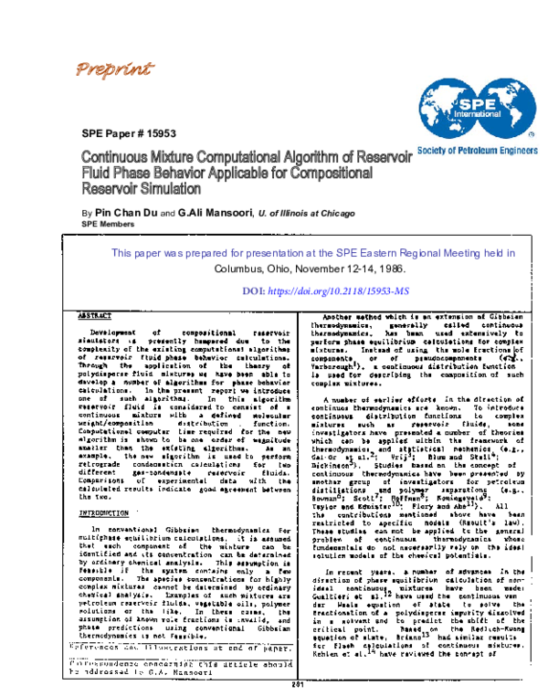 Pdf Continuous Mixture Computational Algorithm Of Reservoir Fluid
