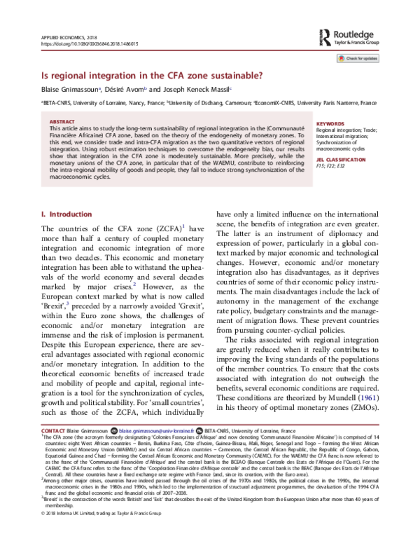 (PDF) Is regional integration in the CFA zone sustainable