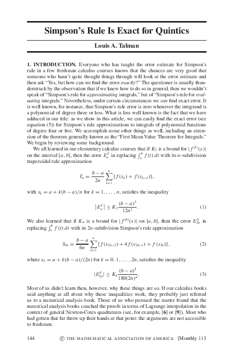 (PDF) Simpson's rule is exact for quintics