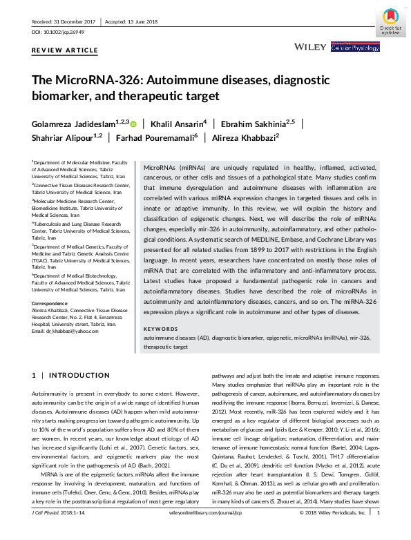 (PDF) The MicroRNA-326: Autoimmune diseases, diagnostic biomarker, and therapeutic target