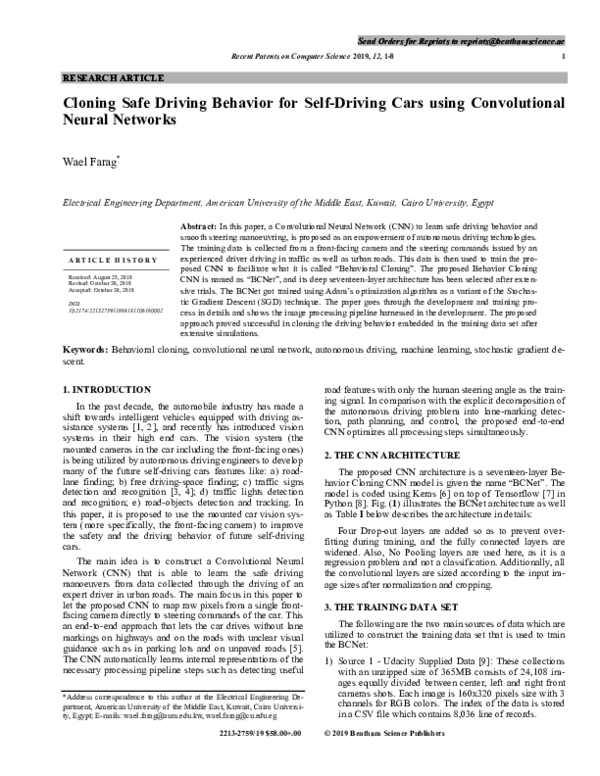 (PDF) Cloning Safe Driving Behavior for Self-Driving Cars using Convolutional Neural Networks