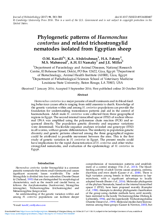 Pdf Phylogenetic Patterns Of Haemonchus Contortus And Related Trichostrongylid Nematodes