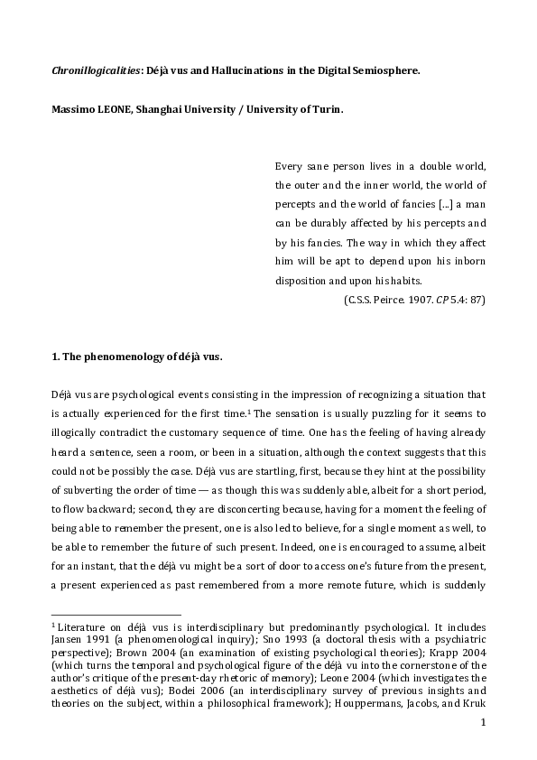 (PDF) 2019 - Chronillogicalities: Déjà-vus and Hallucinations in the ...