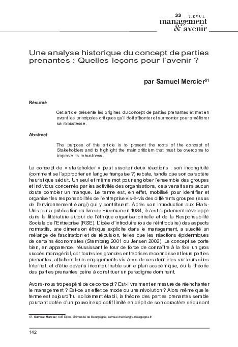 (PDF) Une analyse historique du concept de parties prenantes : Quelles ...
