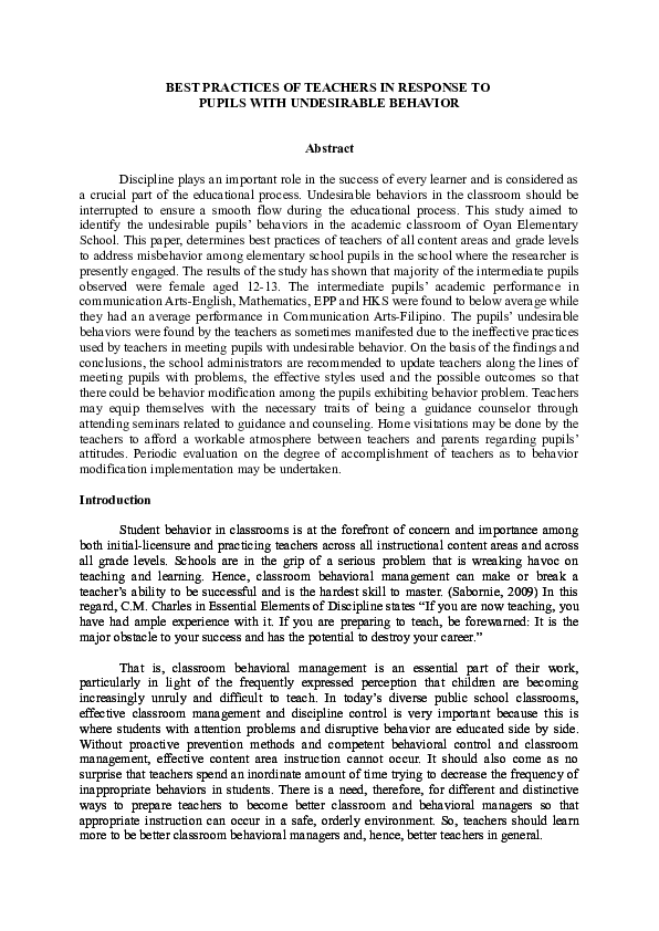 (DOC) BEST PRACTICES OF TEACHERS IN RESPONSE TO PUPILS WITH UNDESIRABLE ...