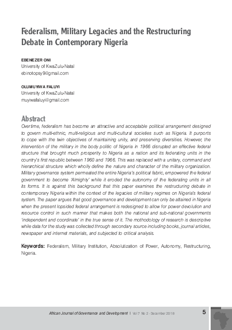 (PDF) Federalism, Military Legacies and the Restructuring Debate in Contemporary Nigeria