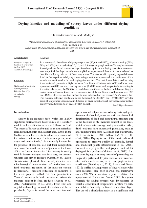 (PDF) Drying kinetics and modeling of savory leaves under different drying conditions