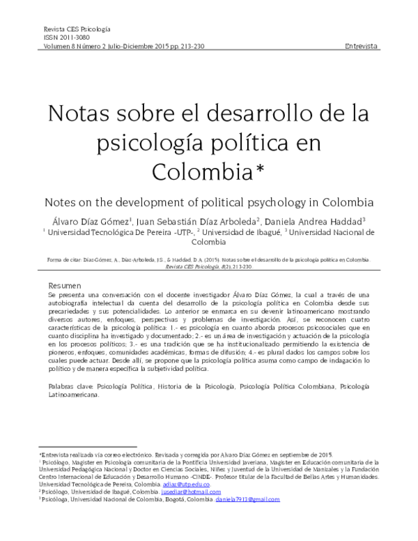 (PDF) Notas sobre el desarrollo de la psicología política en Colombia