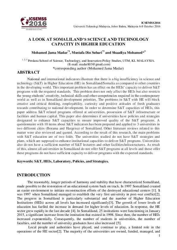 (PDF) A LOOK AT SOMALILAND'S SCIENCE AND TECHNOLOGY CAPACITY IN HIGHER ...