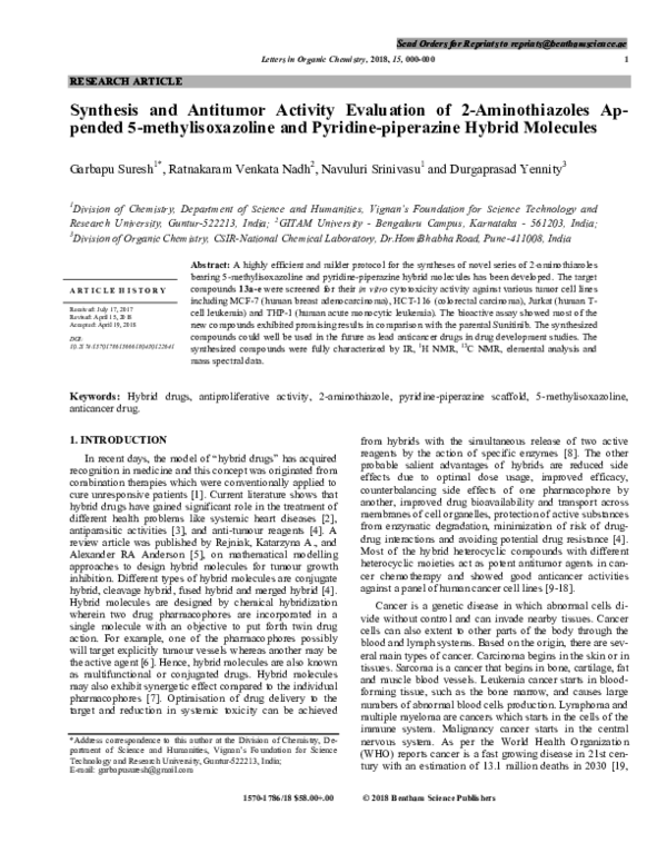 (PDF) Synthesis and Antitumor Activity Evaluation of 2-Aminothiazoles Appended 5 ...