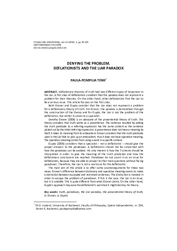 (PDF) DENYING THE PROBLEM. DEFLATIONISTS AND THE LIAR PARADOX