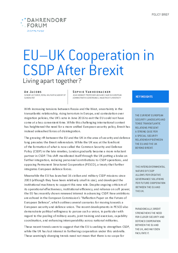 (PDF) EU-UK Cooperation in CSDP After Brexit. Living Apart Together?