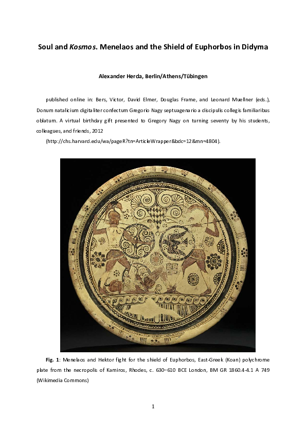(PDF) Soul and Kosmos. Menelaos and the Shield of Euphorbos in Didyma.
